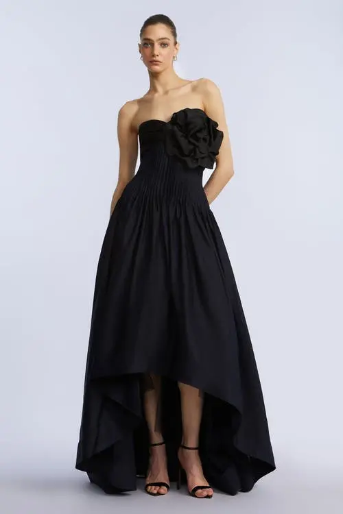 Bcbgmaxazria Taffeta High-low Gown With Floral Appliqu