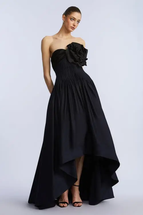 Bcbgmaxazria Taffeta High-low Gown With Floral Appliqu