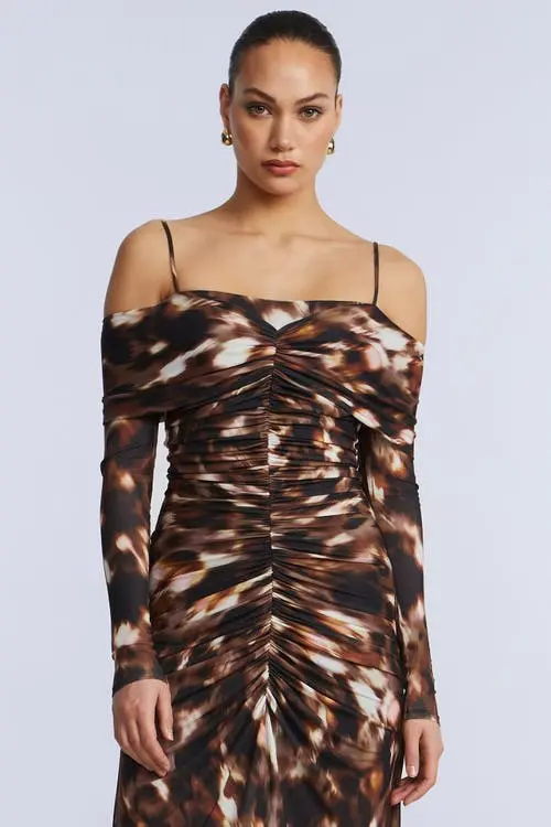 Bcbgmaxazria Printed Stretch Mesh Off-shoulder Midi Dress