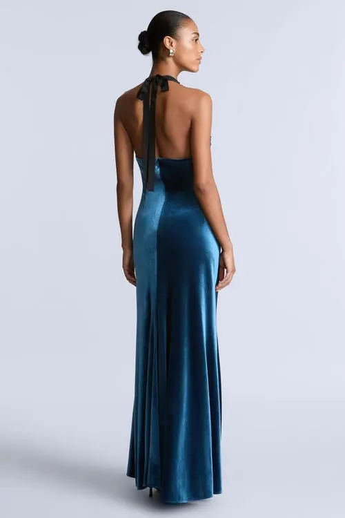 Bcbgmaxazria Lace Velvet Halter Gown