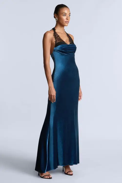 Bcbgmaxazria Lace Velvet Halter Gown