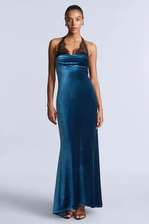 Bcbgmaxazria Lace Velvet Halter Gown