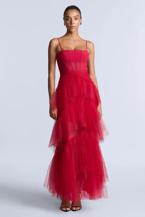 Bcbgmaxazria Oly Tiered Ruffle Tulle Evening Gown