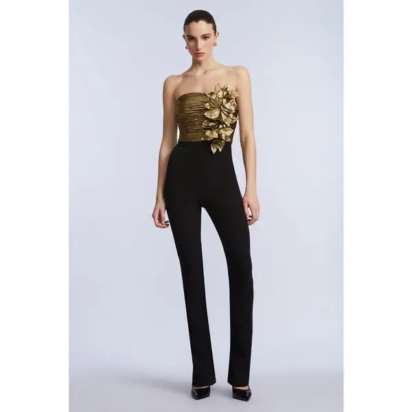 Bcbgmaxazria Strapless Metallic Lamé Jumpsuit With Floral Appliqu - Gold & Black Combo