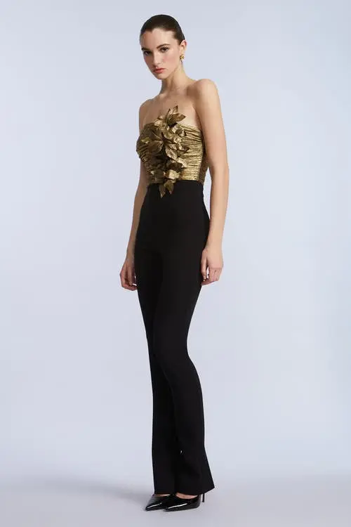Bcbgmaxazria Strapless Metallic Lamé Jumpsuit With Floral Appliqu