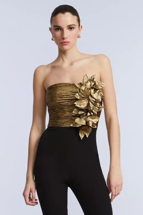 Bcbgmaxazria Strapless Metallic Lamé Jumpsuit With Floral Appliqu