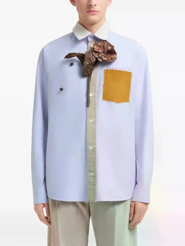 Marni Contrast-collar Embroidered-pocket Shirt