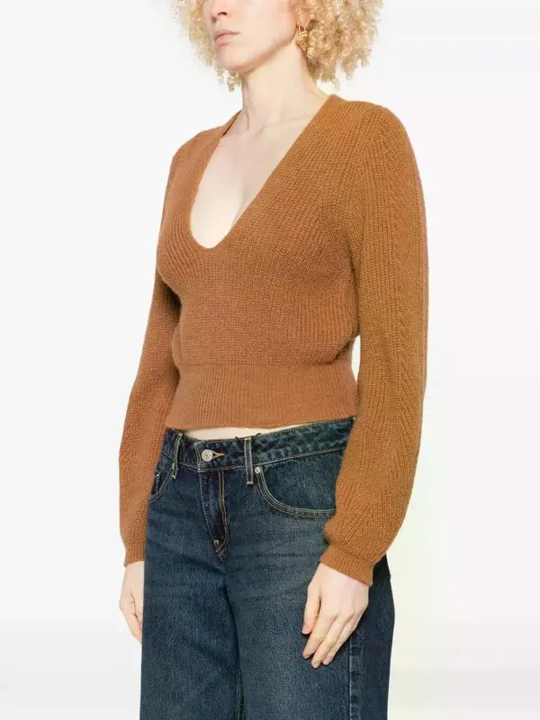 TWINSET V-neck Ribbed Knit Long Sleeve Sweater - Brown