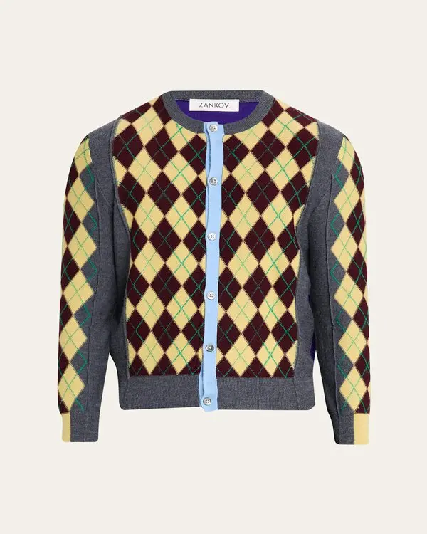 ZANKOV Merino Wool Argyle Color-block Cardigan - Butter Multi