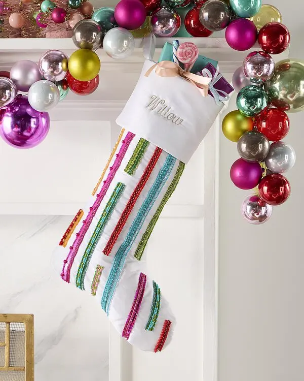 Neiman Marcus Bright Holiday Beaded Stripes Christmas Stocking - One-color