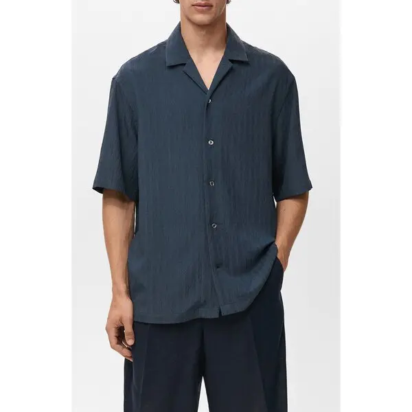 Mango Stripe Embroidered Camp Shirt - Navy
