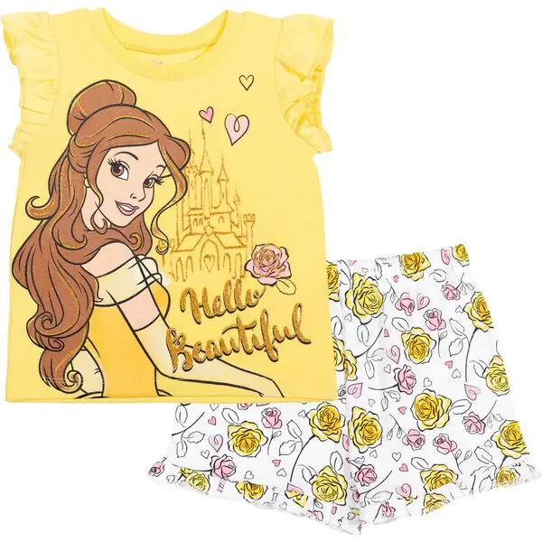 Disney Printed T-shirt & French Terry Shorts Set - Princess Belle Yellow Yellow