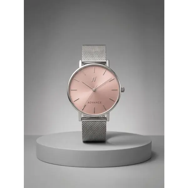 NCMPRBL Advance Clay Rose Mesh Strap Watch - Glaciar Silver/muted Pink
