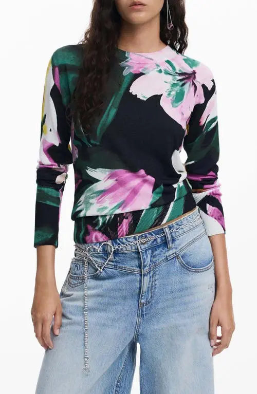 Desigual Floral Fine Gauge Crewneck Sweater - Black