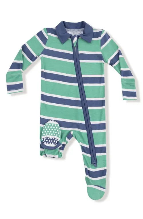 ANGEL DEAR Rugby Stripe Zip Footie - Green/navy