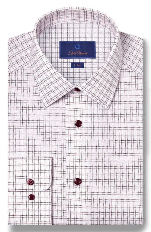 David Donahue Trim Fit Dobby Check Dress Shirt - White/merlot