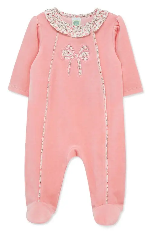 LITTLE ME Floral Bow Velour Footie - Pink