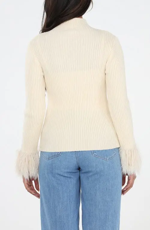 RAIN AND ROSE Faux Feather Cuff Ribbed Sweater - Cream