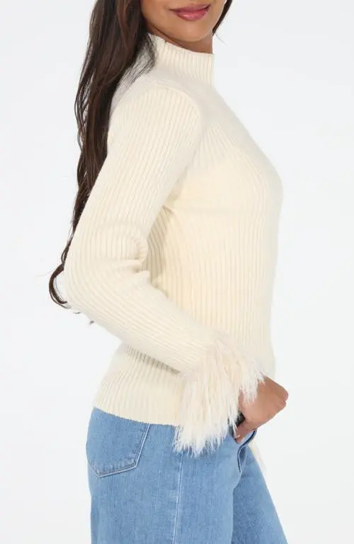 RAIN AND ROSE Faux Feather Cuff Ribbed Sweater - Cream