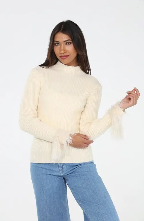 RAIN AND ROSE Faux Feather Cuff Ribbed Sweater - Cream