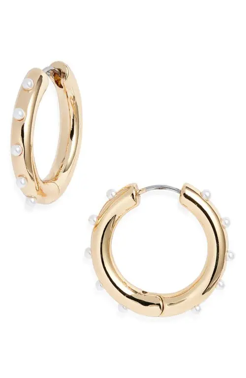 OPEN EDIT Cultured Pearl Studded Hoop Earrings - White- Gold