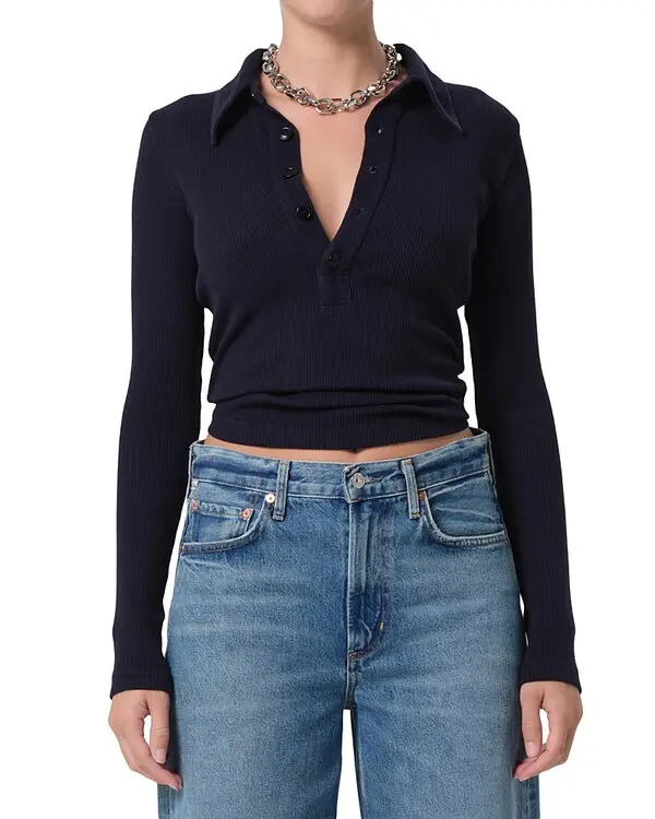 Citizens Of Humanity 60's Long Sleeve Polo Top - Navy