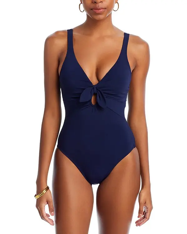 Robin Piccone Ava Plunge Neck Tie-front One-piece Swimsuit - Navy