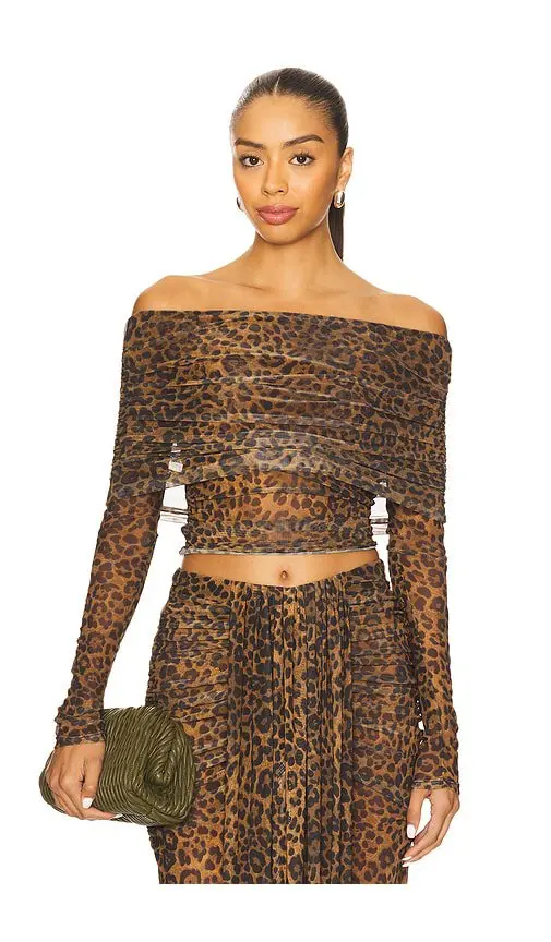 Lapointe Printed Mesh Off-the-shoulder Top