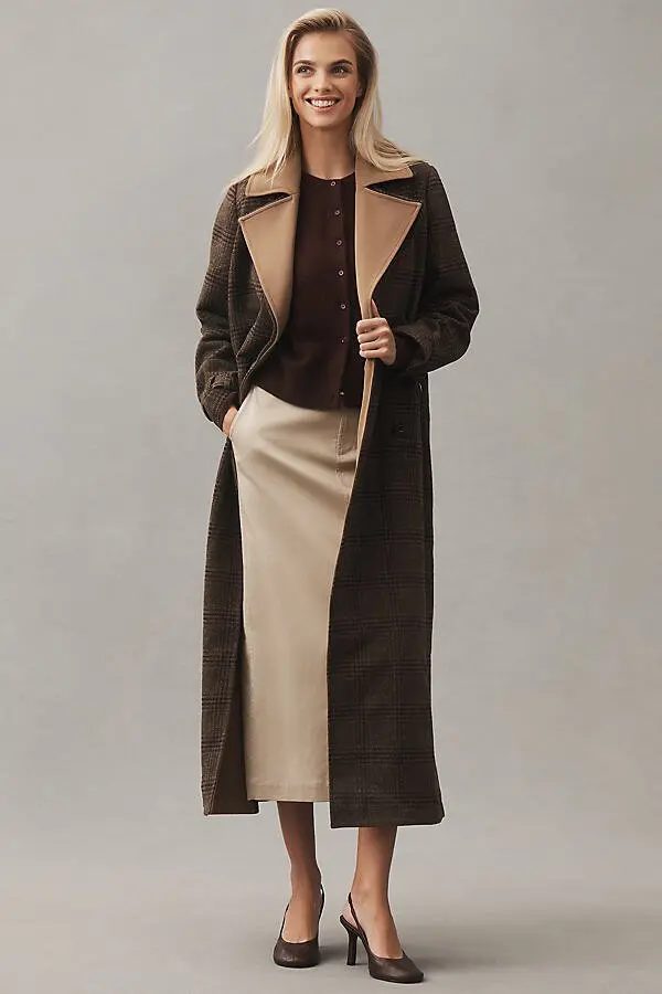 Avec Les Filles Belted Plaid Long Coat Jacket