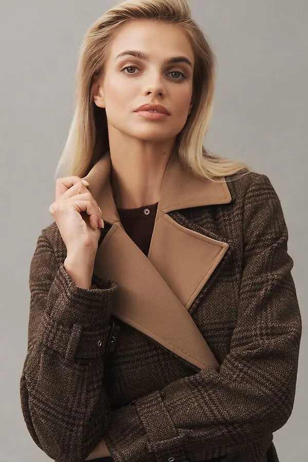 Avec Les Filles Belted Plaid Long Coat Jacket