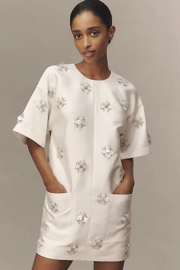 Short-Sleeve Crew-Neck Beaded Mini Dress by BHLDN in Ivory, Women's Size: Small