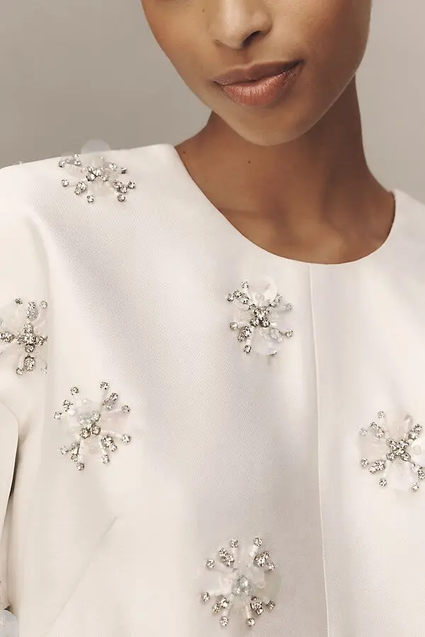 Short-Sleeve Crew-Neck Beaded Mini Dress by BHLDN in Ivory, Women's Size: Small