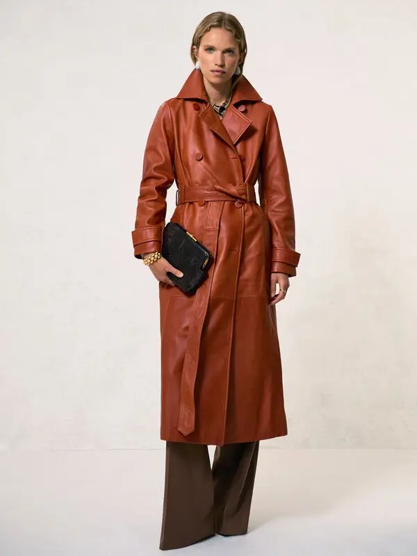 REISS Hattie Leather Double-breasted Trench Coat - Tan
