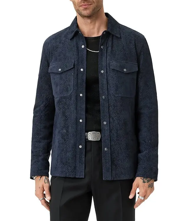 John Varvatos Jonah Herringbone Suede Shirt - Navy