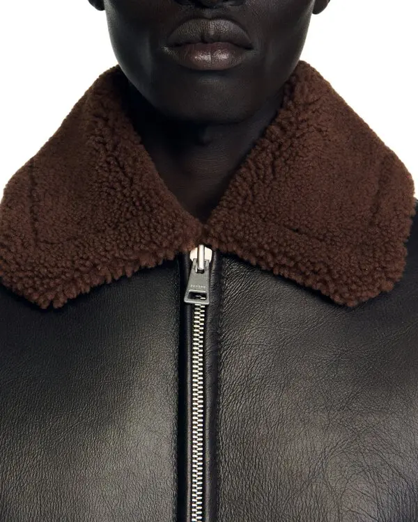 Sandro Reversible Shearling Jacket - Chocolate
