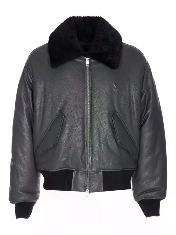 Ami Zip-up Leather Bomber Jacket - Grey