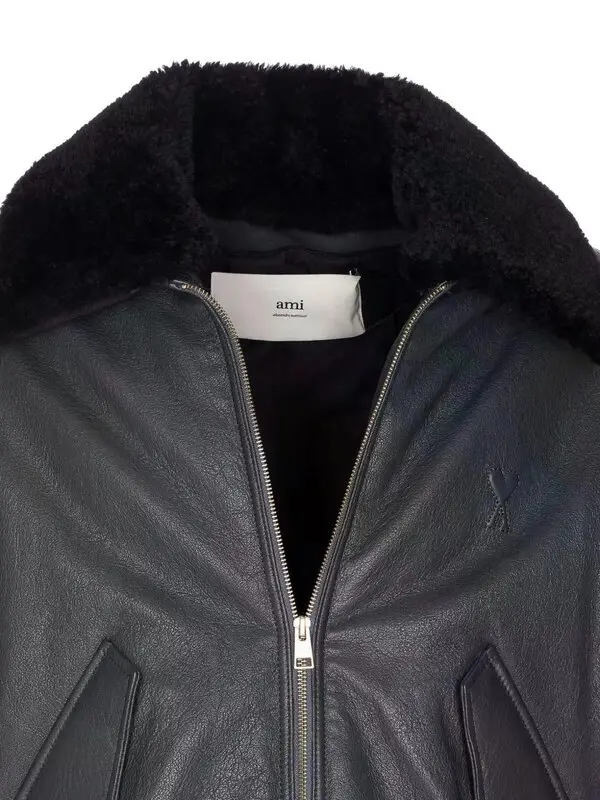 Ami Zip-up Leather Bomber Jacket - Grey