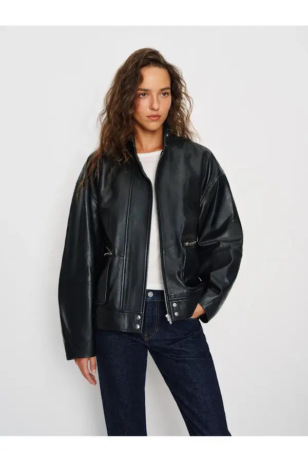 Veda Harrison Oversized Leather Bomber Jacket - Black | Editorialist