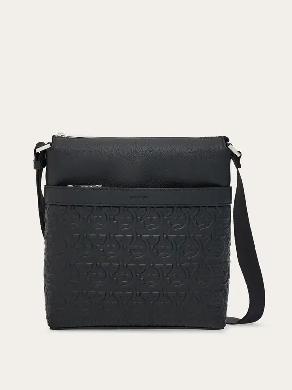 FERRAGAMO Embossed Gancini Messenger Bag - Black