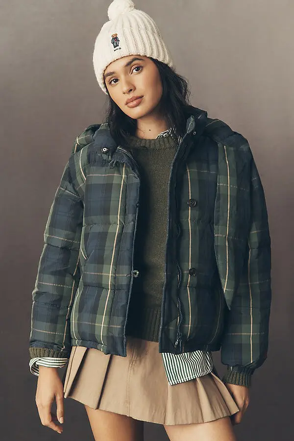 DAMSON MADDER Pearl Hooded Puffer Coat - Tan Pop Check