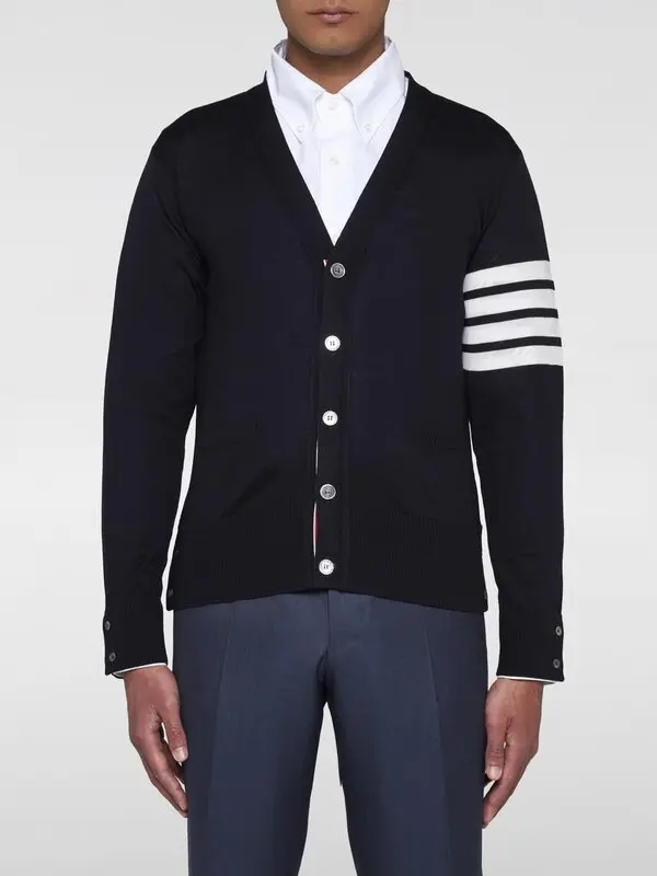 Thom Browne Wool Cardigan With Striped Detail - Blue