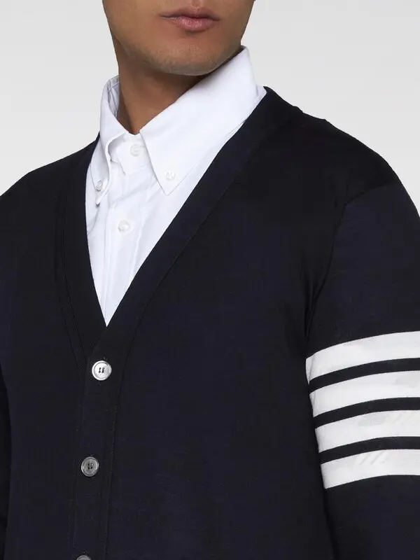 Thom Browne Wool Cardigan With Striped Detail - Blue