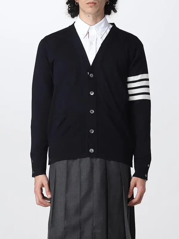 Thom Browne Wool Cardigan With Striped Detail - Navy