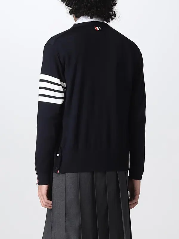 Thom Browne Wool Cardigan With Striped Detail - Navy