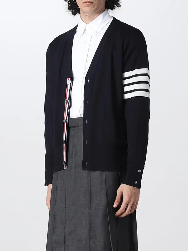Thom Browne Wool Cardigan With Striped Detail - Navy