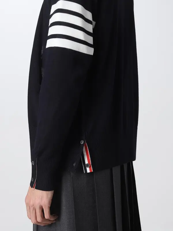 Thom Browne Wool Cardigan With Striped Detail - Navy