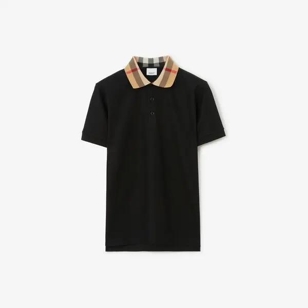 Burberry Check Collar Cotton Polo Shirt - Black