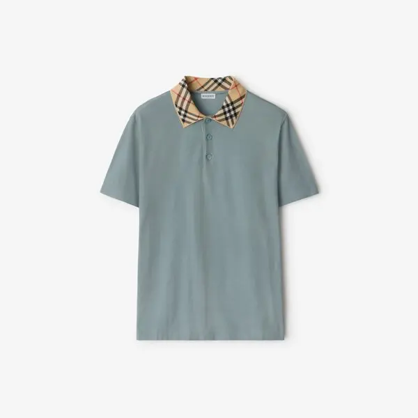 Burberry Check Collar Cotton Polo Shirt - Blue Grey