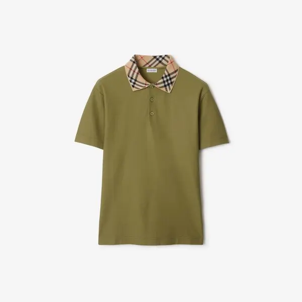 Burberry Check Collar Cotton Polo Shirt - Estate Green