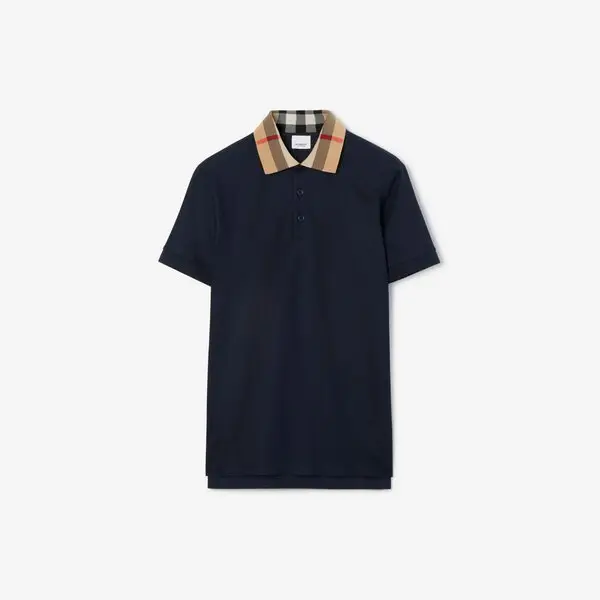 Burberry Check Collar Cotton Polo Shirt - Smoked Navy